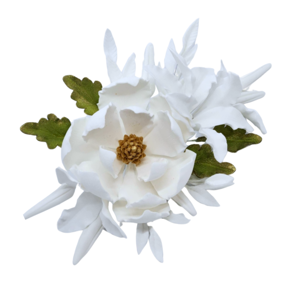 Edible Magnolia Wedding Spray - White with green leaves – Ipswich Cake Room